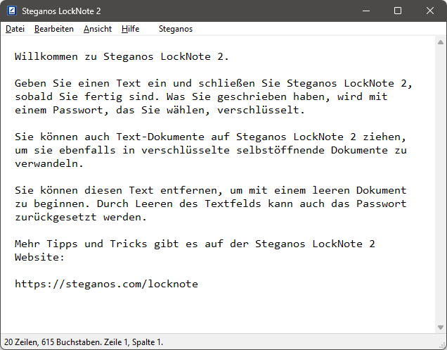 Steganos LockNote 2 - Textdateien kostenlos verschlüsseln. Keine Installation nötig.